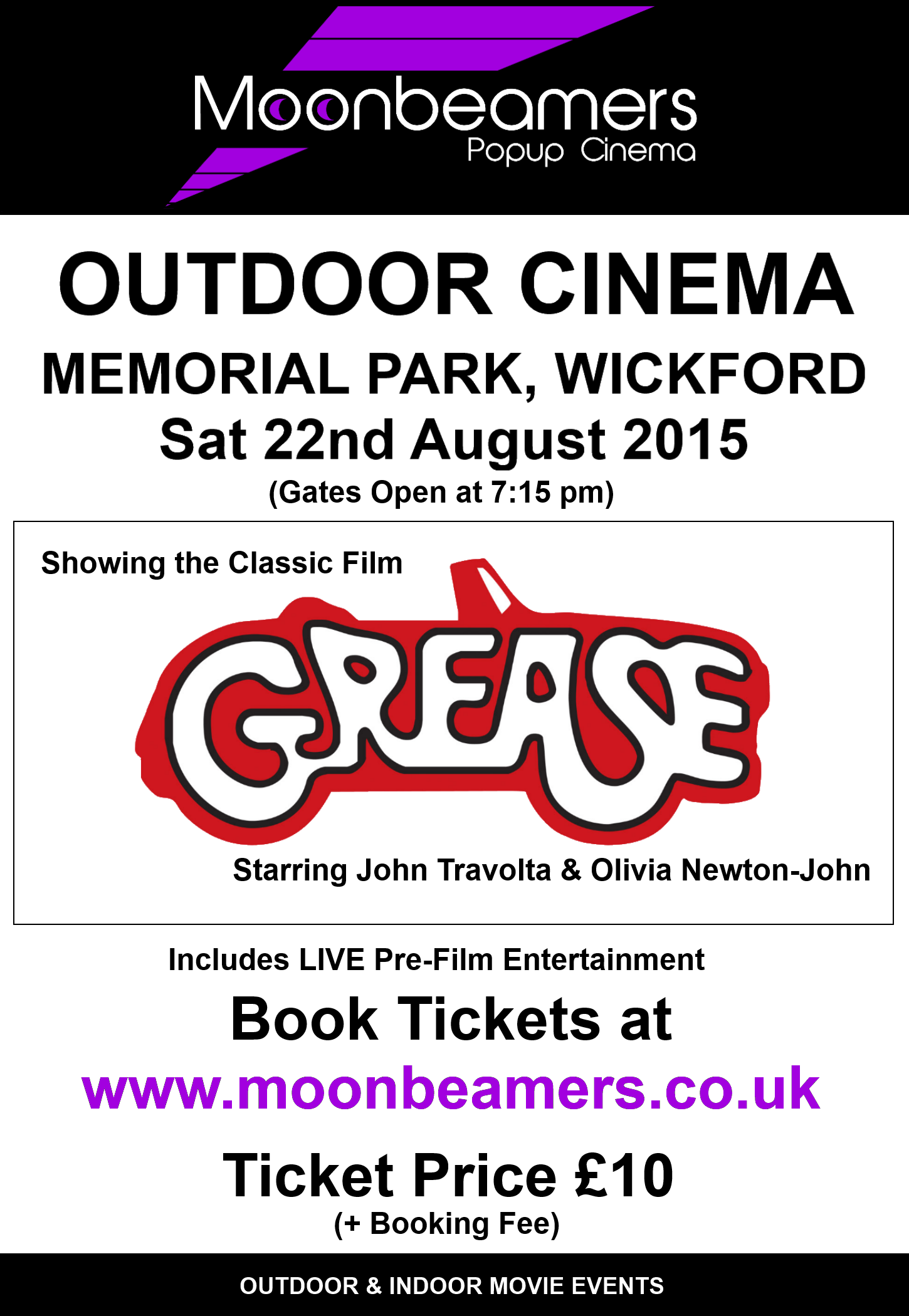Grease - Memorial - 22nd-Aug-2015 - Flyer - Moonbeamers Popup Cinema